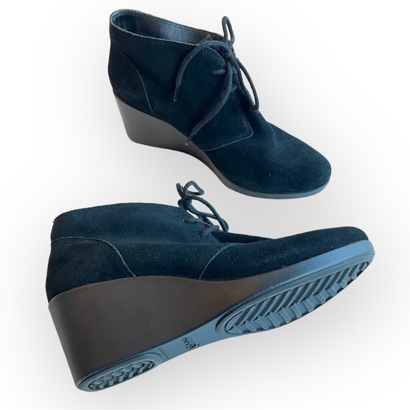 CROCS | Shoes | Crocs Leigh Black Suede Leather Wedge Heels Ankle ...